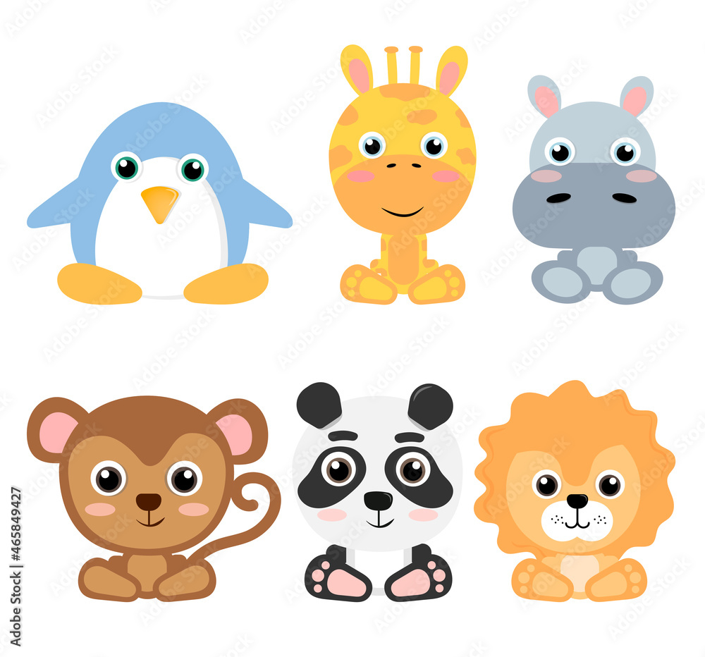Set of cute exotic animal: penguin, hippo, giraffe, monkey, lion, panda ...