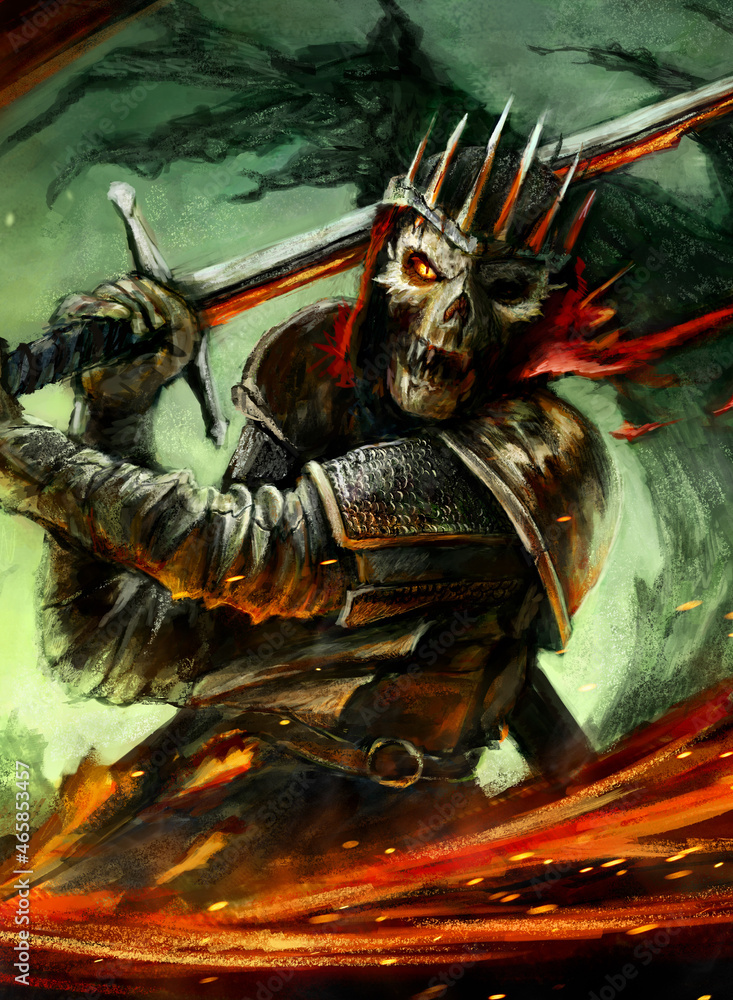 The skeleton king with a huge sword in a dangerous pose. he is dressed ...