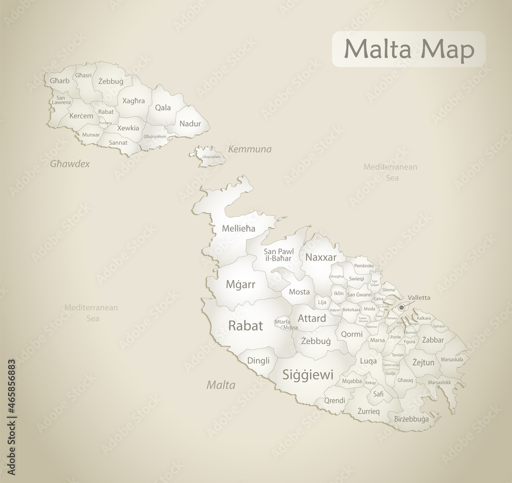 Malta map, administrative division with names, old paper background ...