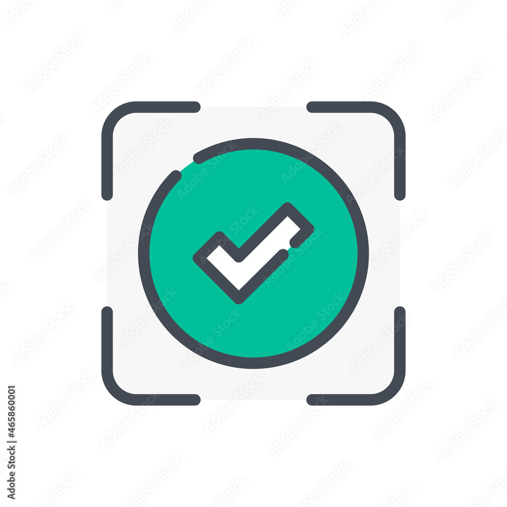 Scanning complete color line icon. Scan frame with check mark in circle ...