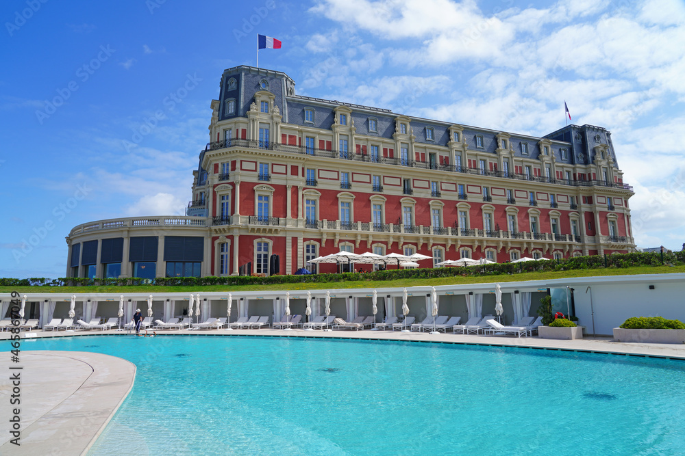 BIARRITZ, FRANCE -17 AUG 2021- View of the Hotel du Palais, a landmark ...