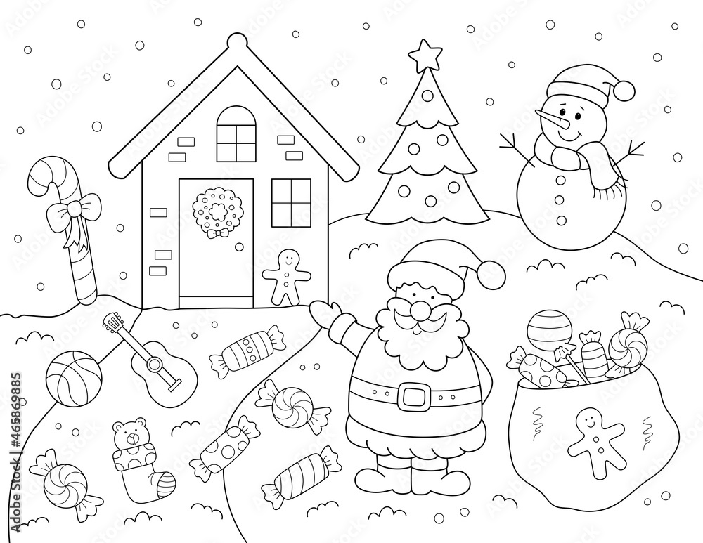 cute christmas coloring page for kids full of candy, a snowman, santa ...
