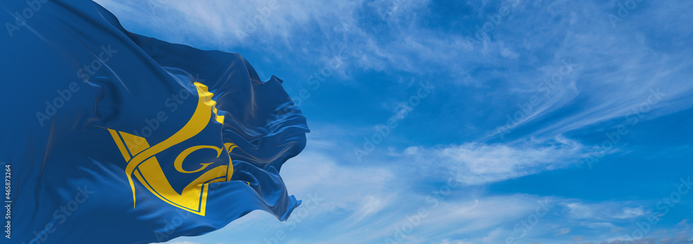 flag of masonic at cloudy sky background on sunset, panoramic view ...