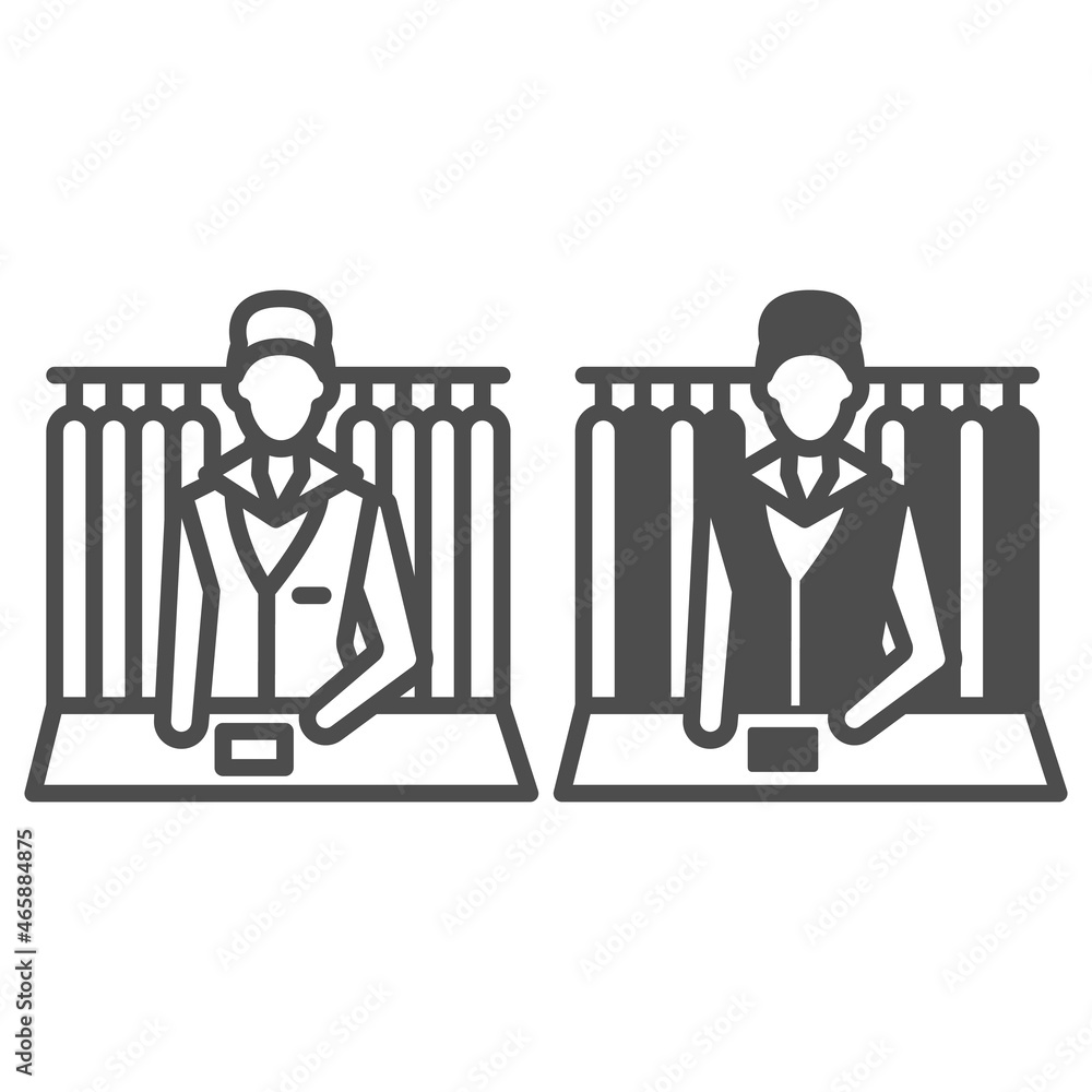 Dry cleaning worker behind pick up counter line and solid icon, dry ...