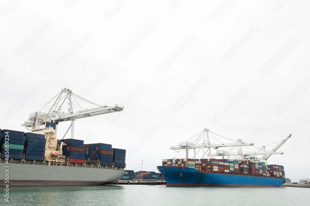 Port cranes offload cargo containers from sea vessels. Stock Photo ...