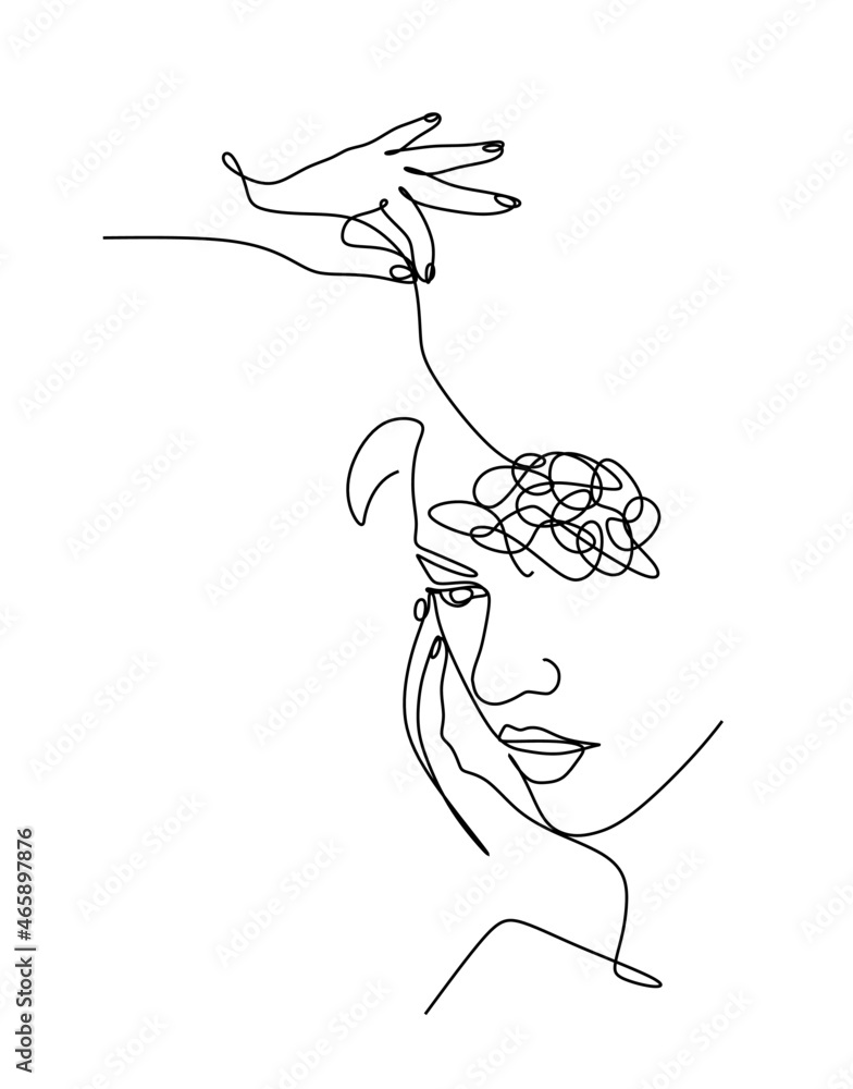 a linear drawing of a woman with a chaotic line in her head. Concepts ...