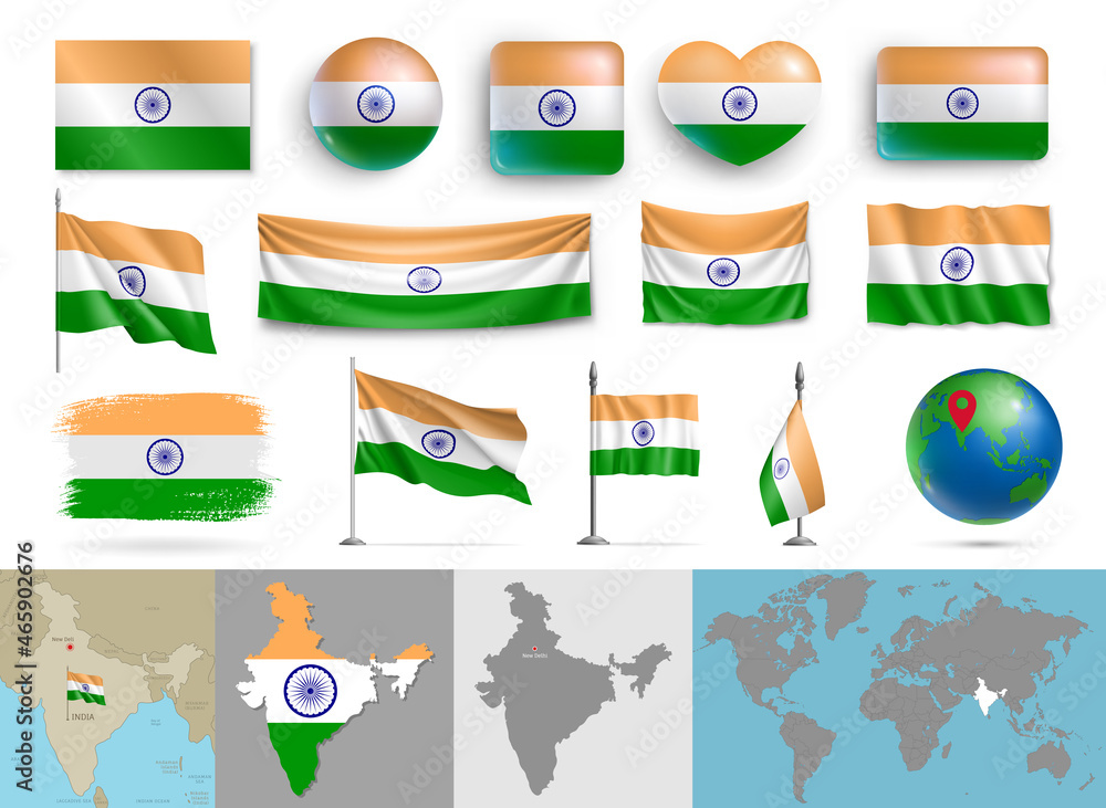 Set of India flags of various shapes and maps. Realistic waving Indian ...