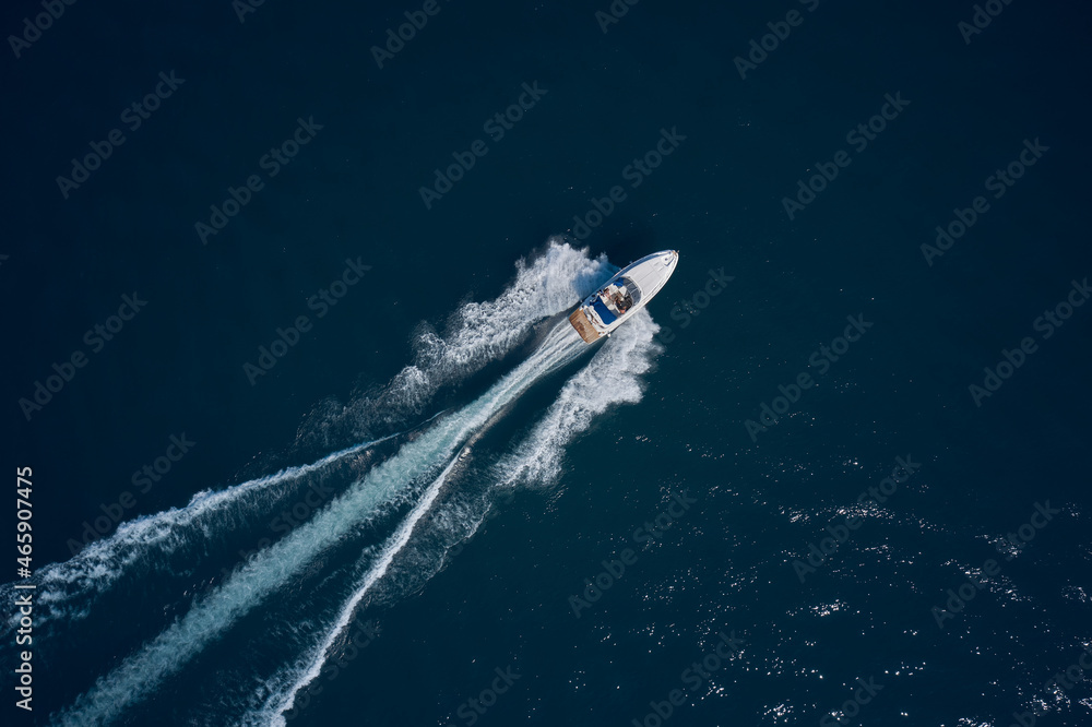 White speed boat fast movement on the water top view. Travel - image ...