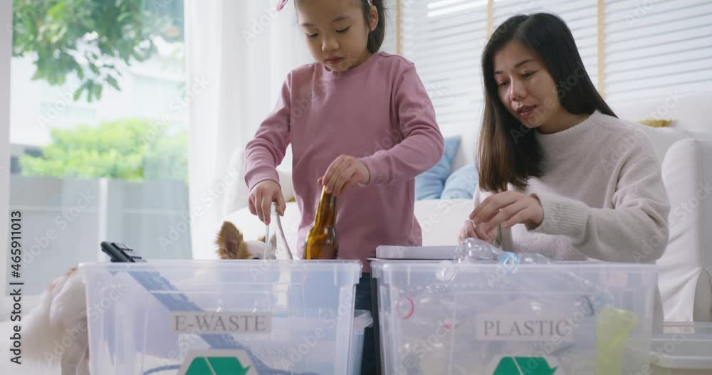 Mom teach Gen Z preteen girl kid dump paper glass can e-waste bag in ...
