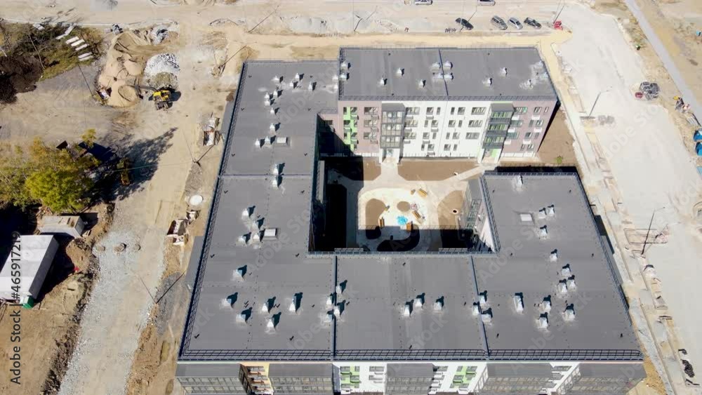 Construction of a residential building. View from above. The camera ...