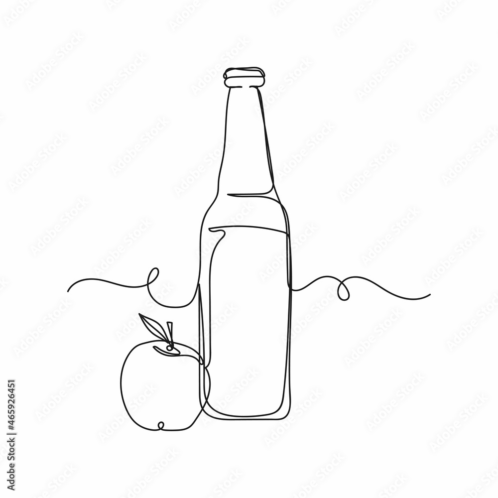 Vector Continuous One Single Line Drawing Icon Of Bottle Of Apple Cider In Silhouette On A White