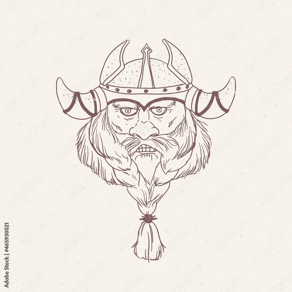 Face of bearded viking wearing horned helmet hand drawn with outlines ...