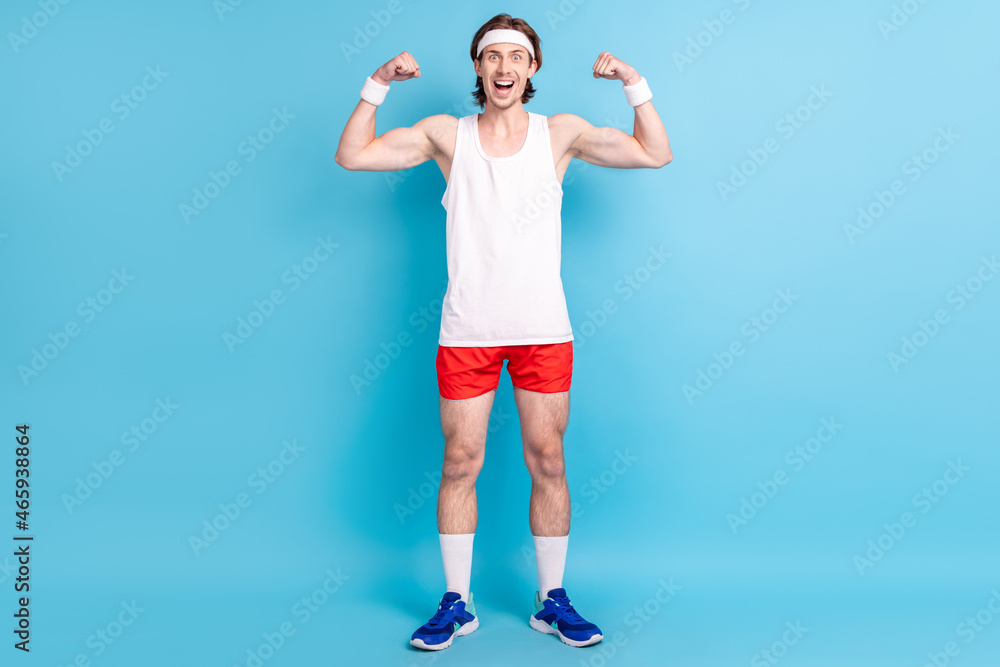 Full length body size photo man crazy showing strong muscles wearing ...