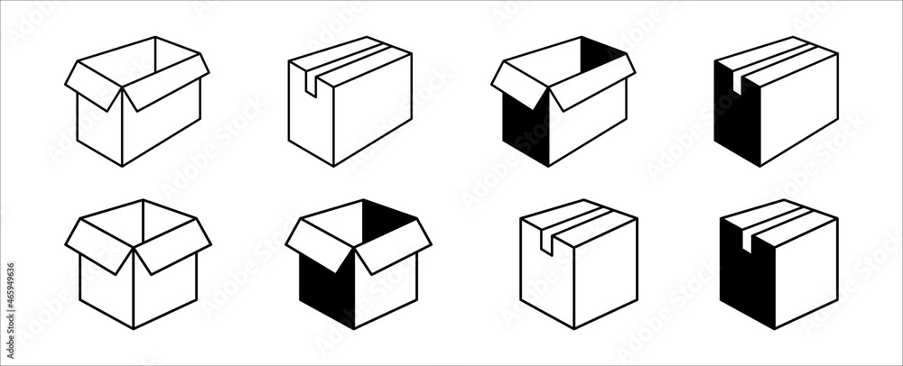 Carton box icon set. Cardboard box vector icons set. Opened and closed ...