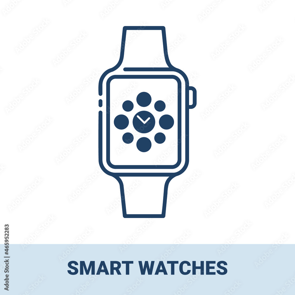 Smart watches with icons and clock face on screen outline monochrome ...