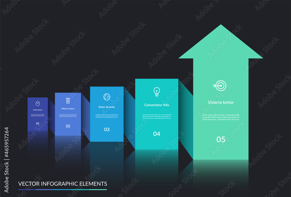 Upward arrow shaped infographic template with 5 steps. Can be used for ...