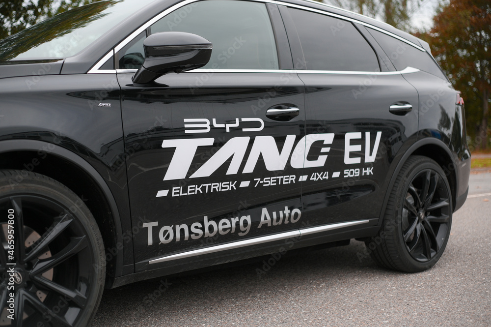 Tønsberg, Norway - September 13, 2021: black BYD Tang is a new SUV ...