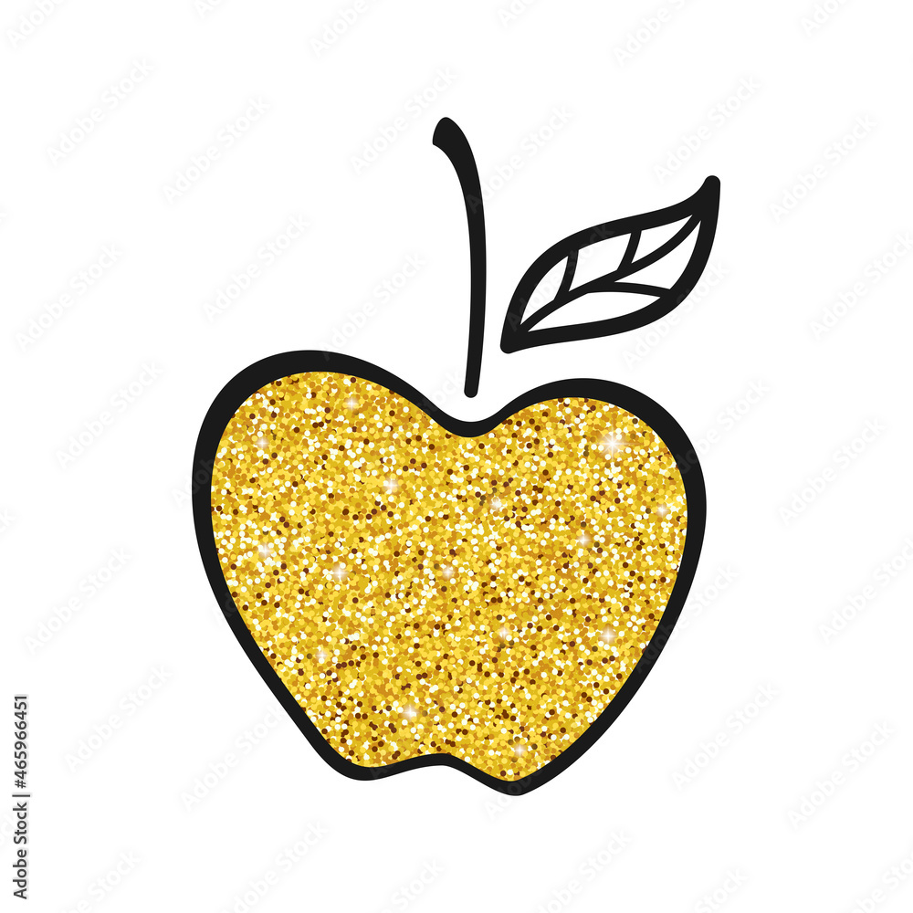 Golden apple with glitter texture and black edging and leaf on a white ...