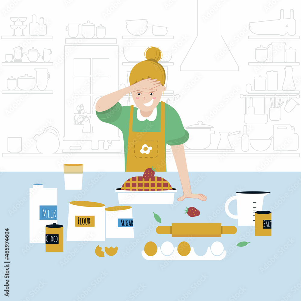 Young female character cooking cake in the kitchen on the furniture and ...