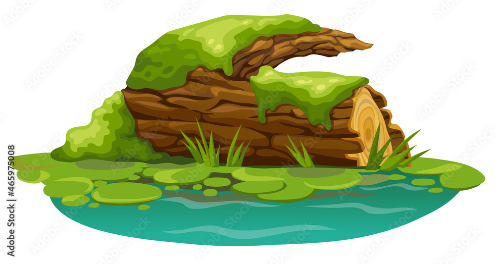 Wooden log in moss in marsh. Cartoon tree in swamp jungle. Broken oak ...