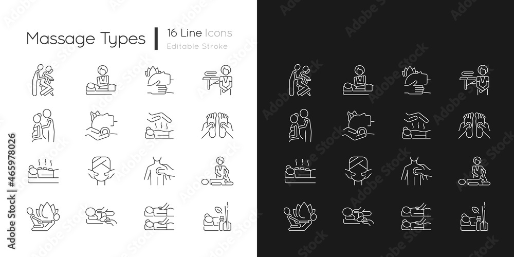 Massage types linear icons set for dark and light mode. Physical health ...