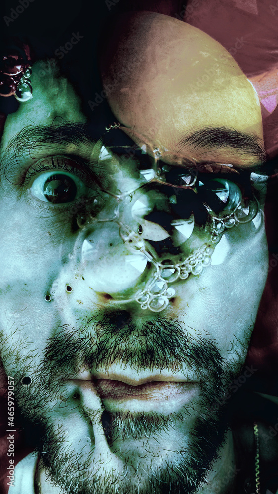 Graphic art with scary man face bathing in surreal amniotic fluid with ...