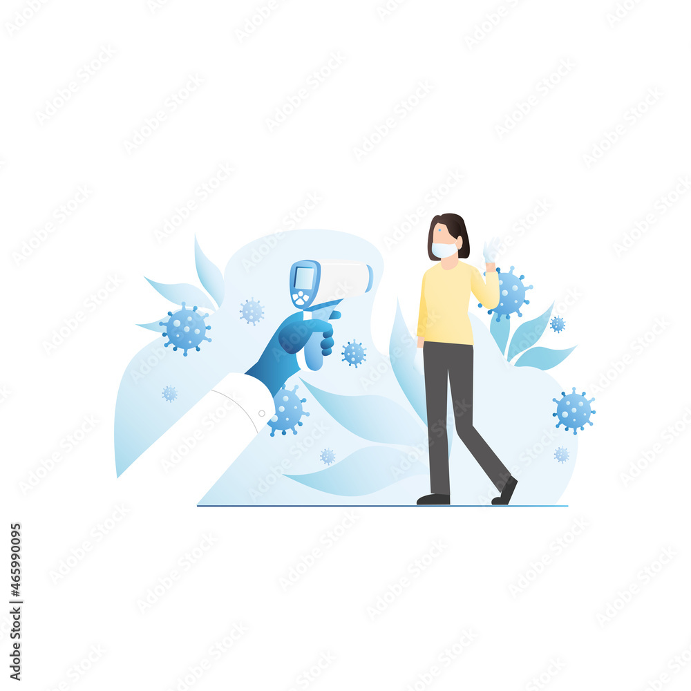 Temperature measurement with thermometer on forehead of masked person ...