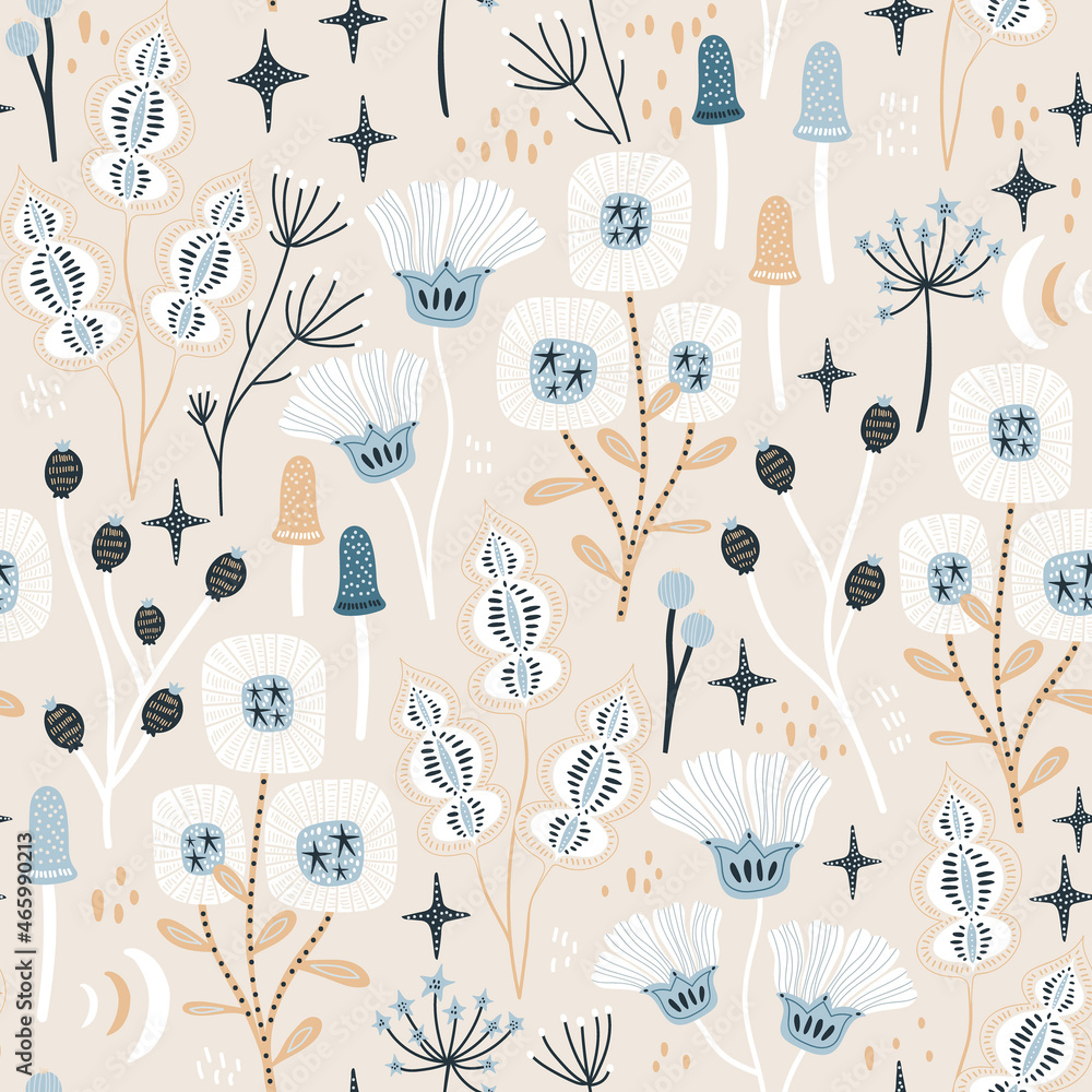 Seamless pastel floral texture with mushrooms,leaves, stars. Perfect ...