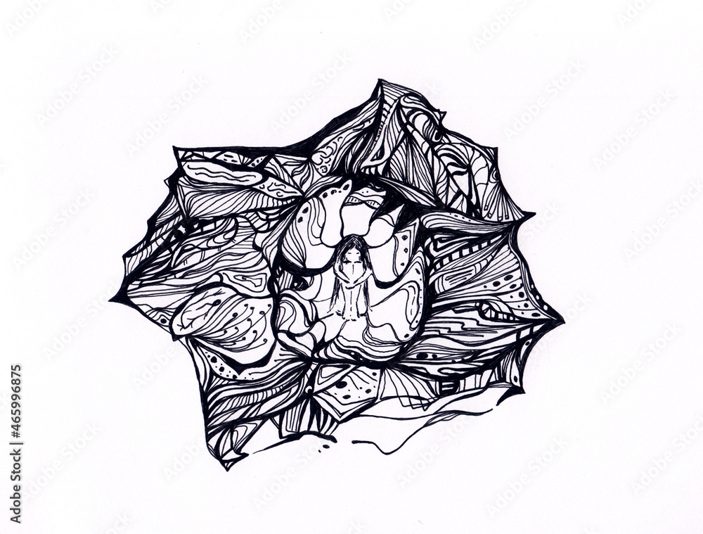 Black ink abstract painting of a young girl hiding in mental capsule ...