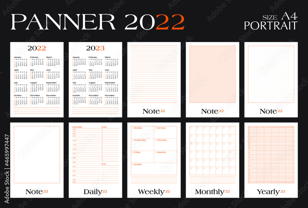 Calendar 2022 & Planner, Portrait, Week start Sunday template. Stock ...