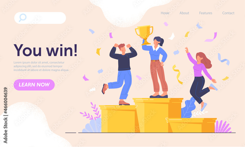 Concept of win. Characters standing on steps of pedestal. Champion ...