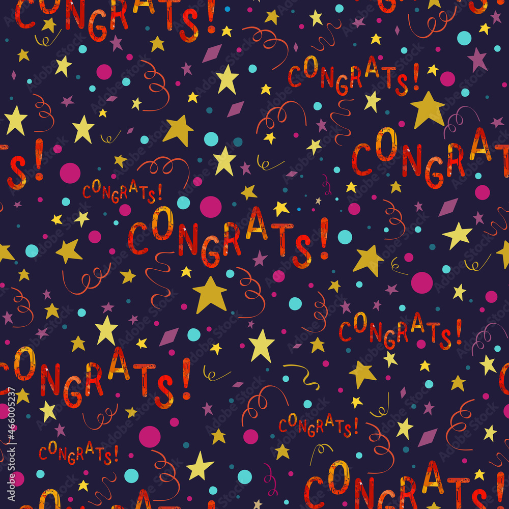 Congrats textured sign pattern with stars, ribbons and confetti on dark ...