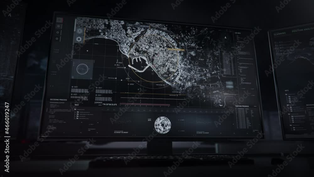 Future security system camera is flying above the coastal area. Future ...