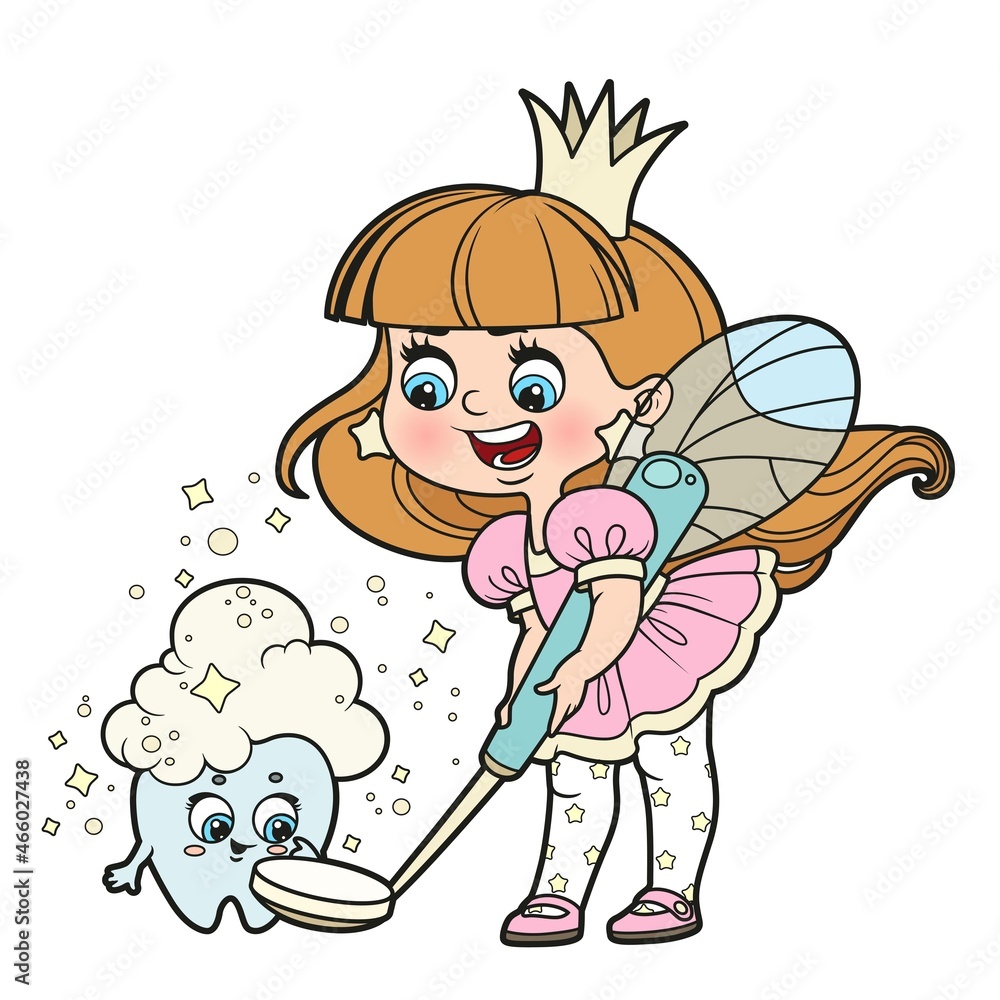 Cute little girl tooth fairy holds a dental mirror and helps the tooth ...