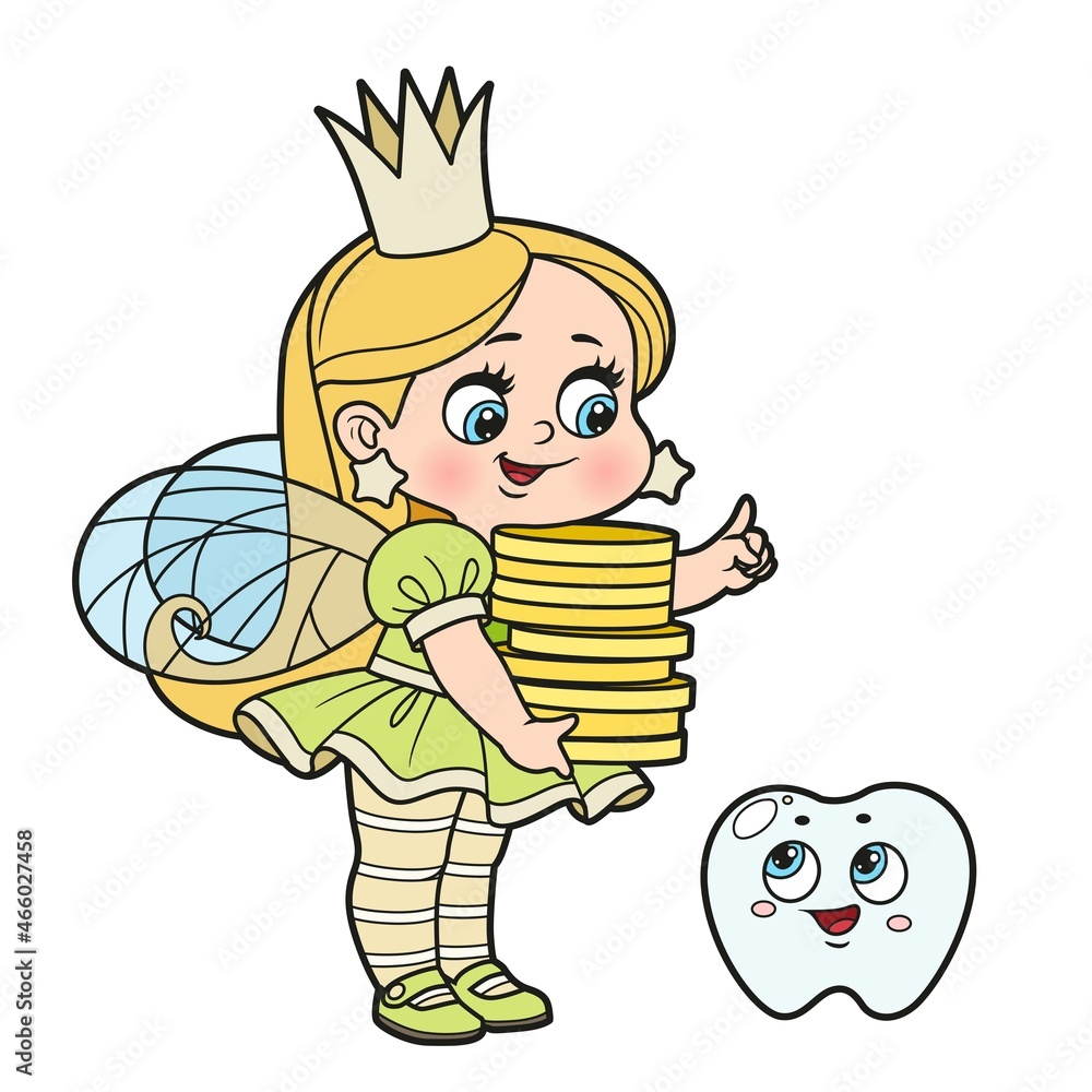 Cute little tooth fairy explains to a small tooth what one coin is for ...