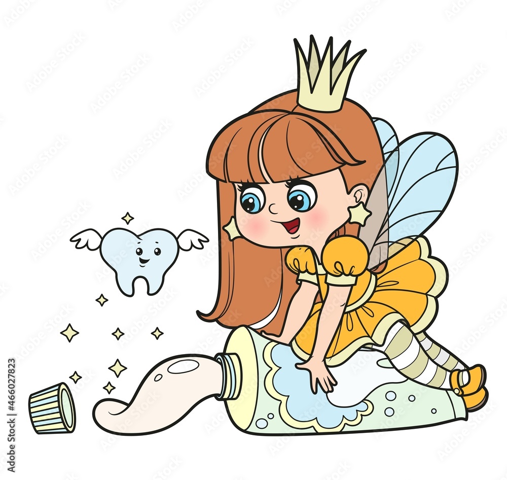 Cute little tooth fairy sits on tube of toothpaste and talks to a ...