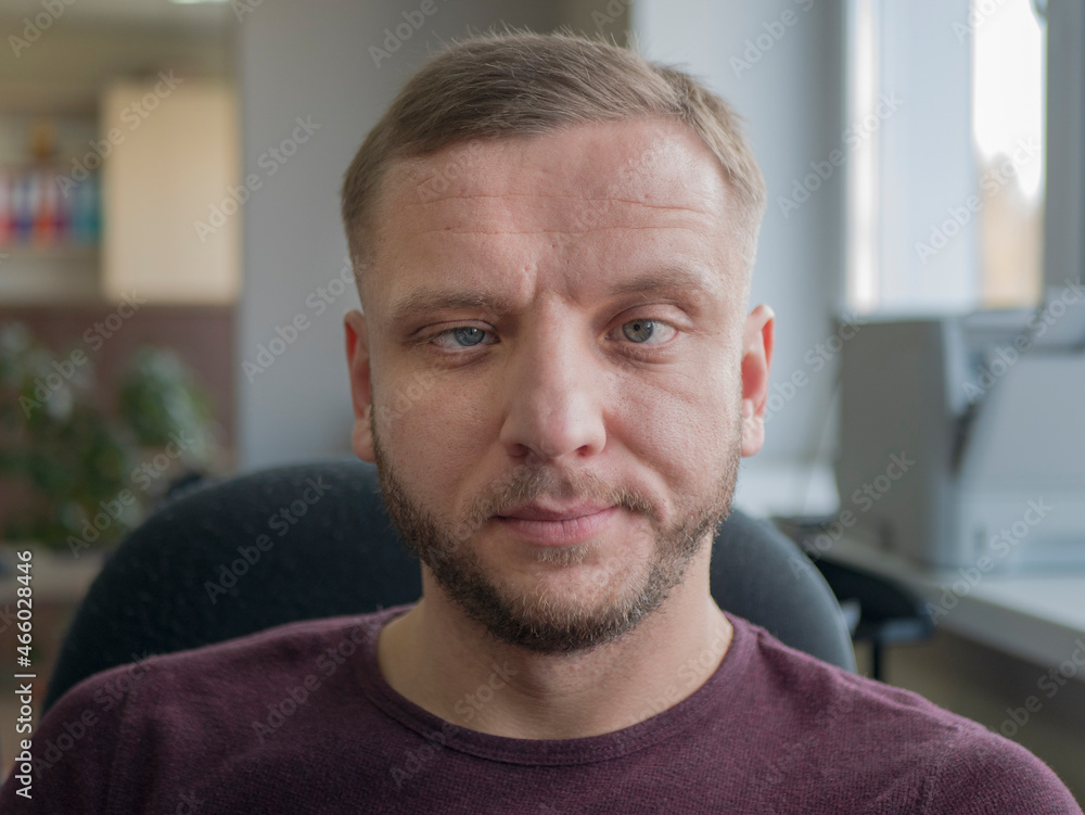 Person whose eyes are lopsided. Portrait of the caucasian man with gray ...