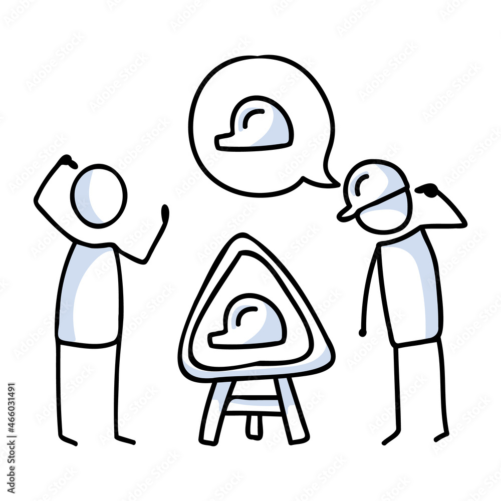 Drawn stick figure of construction helmet safety warning. Building site ...