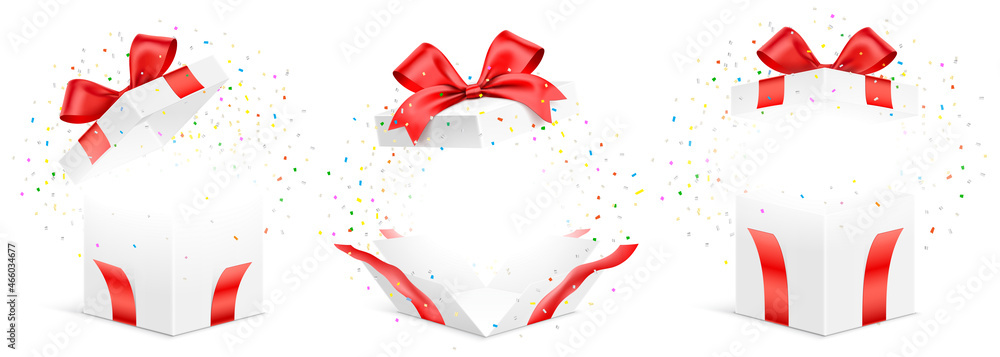 Vector set of exploded white gift boxes with red ribbons, isolated on ...