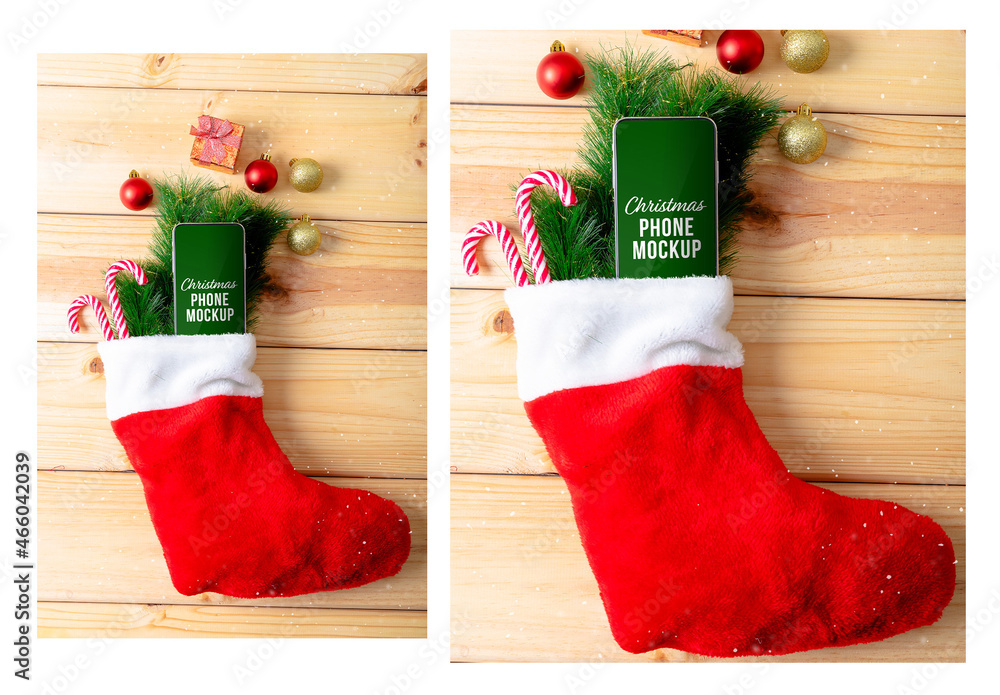 Phone in a Christmas Stocking Mockup Stock Template | Adobe Stock