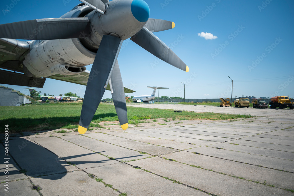 aircraft propellers. Hull, chassis, engines and propellers of an old ...