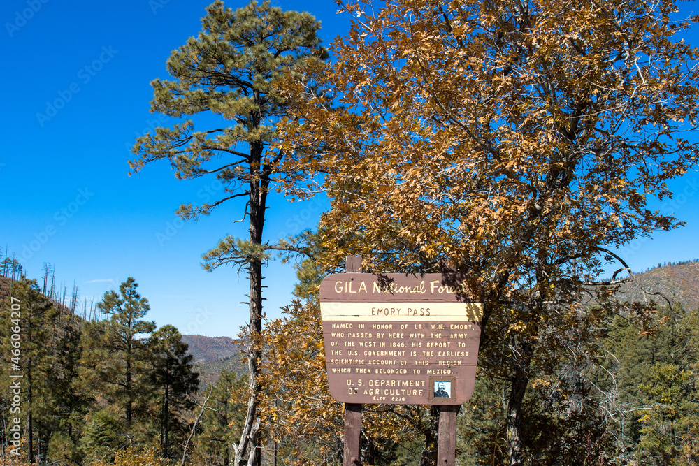 Roadside marker at Emory Pass, highest viewpoint in Black Range of New ...