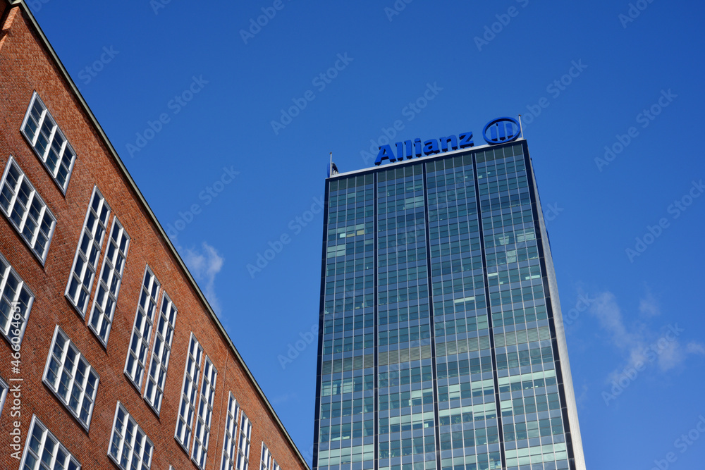 Berlin, Germany company Logo of Allianz group on top of the Treptower ...