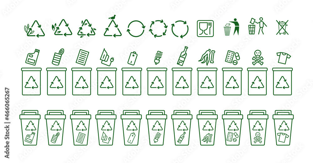 Set of recycle icons and trash containers. Recycling symbols ...