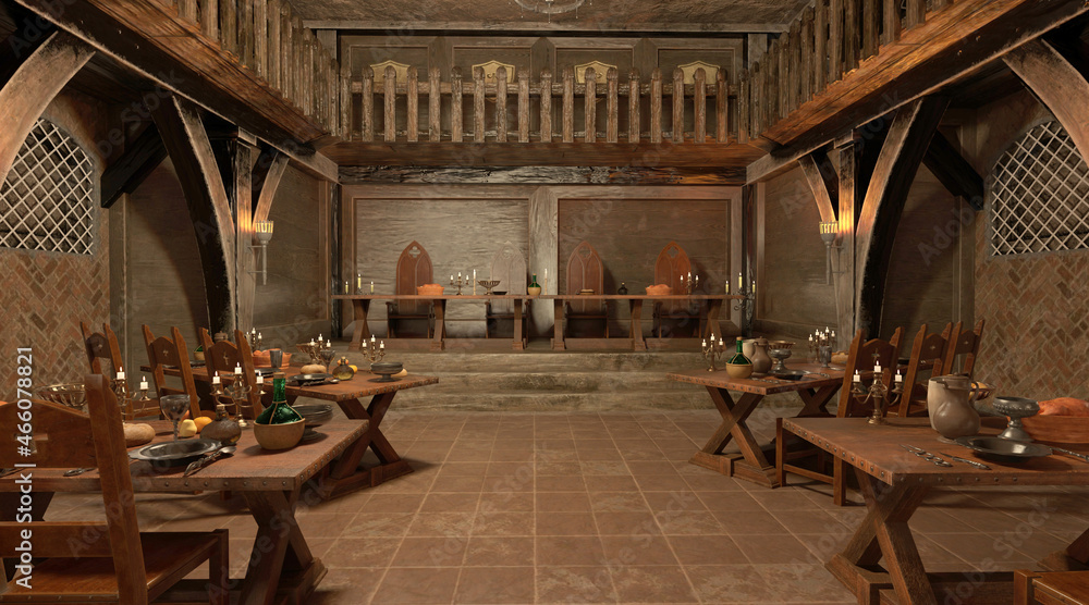 Medieval castle great hall interior 3d illustration Stock Illustration ...