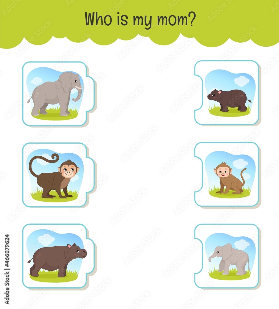 Matching children educational game. Who is my mom? Activity for pre ...
