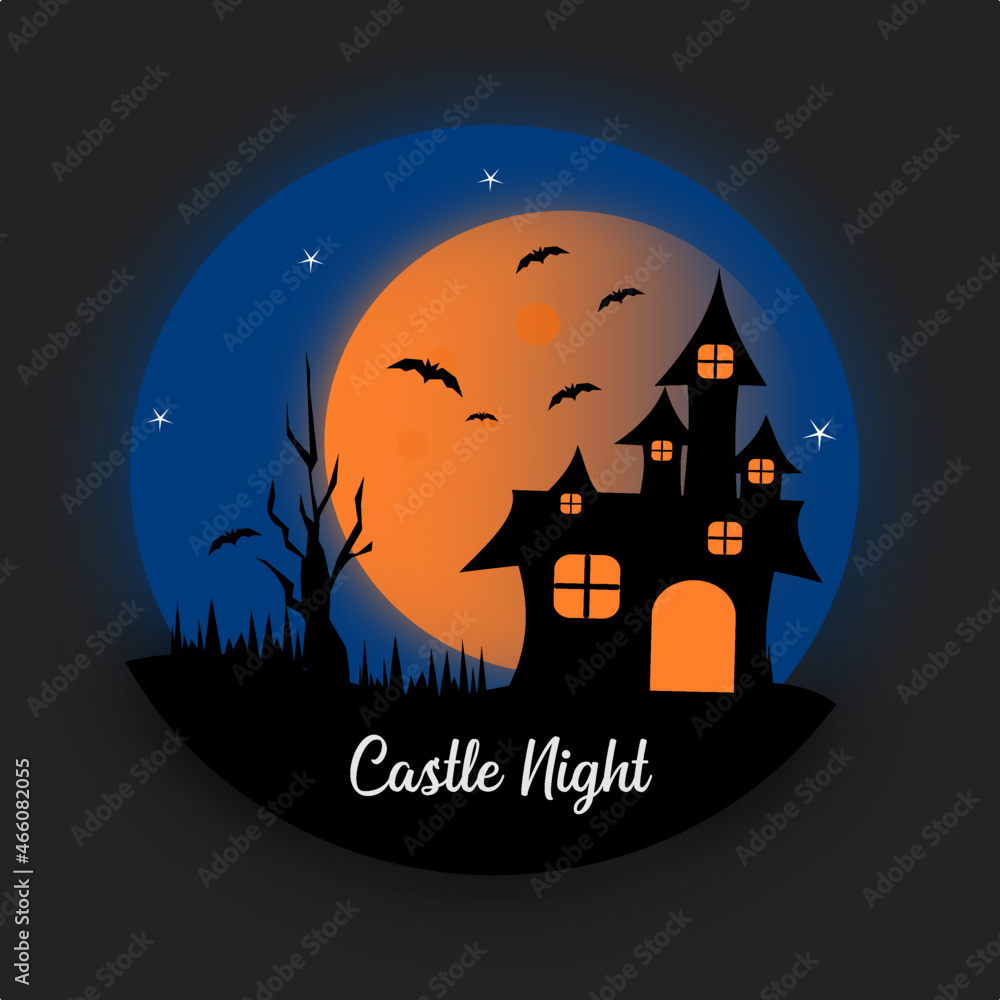 Silhoutte Castle Night Emblem, Bat and Moonlight Logo Design for ...