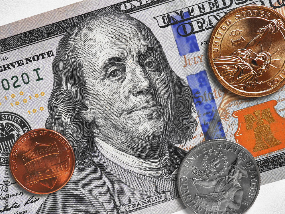 US money: 100 dollar bill, coin of 1 dollar, quarter (25 cents) and ...