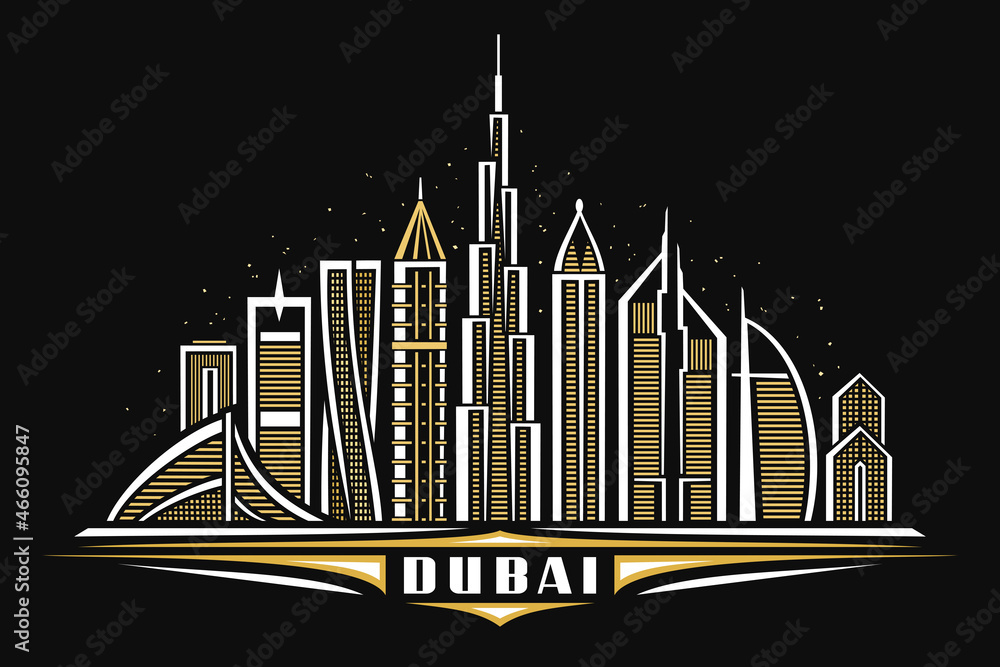 Vector illustration of Dubai, dark horizontal poster with linear design ...