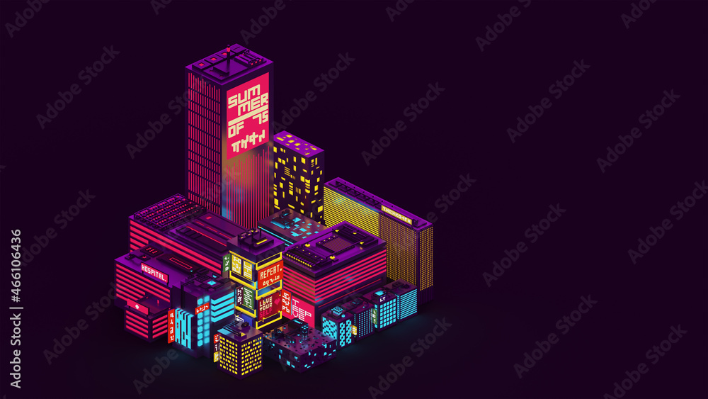 3d voxel night cityscape background. Pixel art cyberpunk style city ...